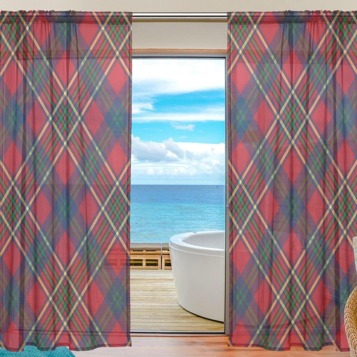 Coolnut Green Red Classic Tartan Sheer Gauze Door Curtain Window ...