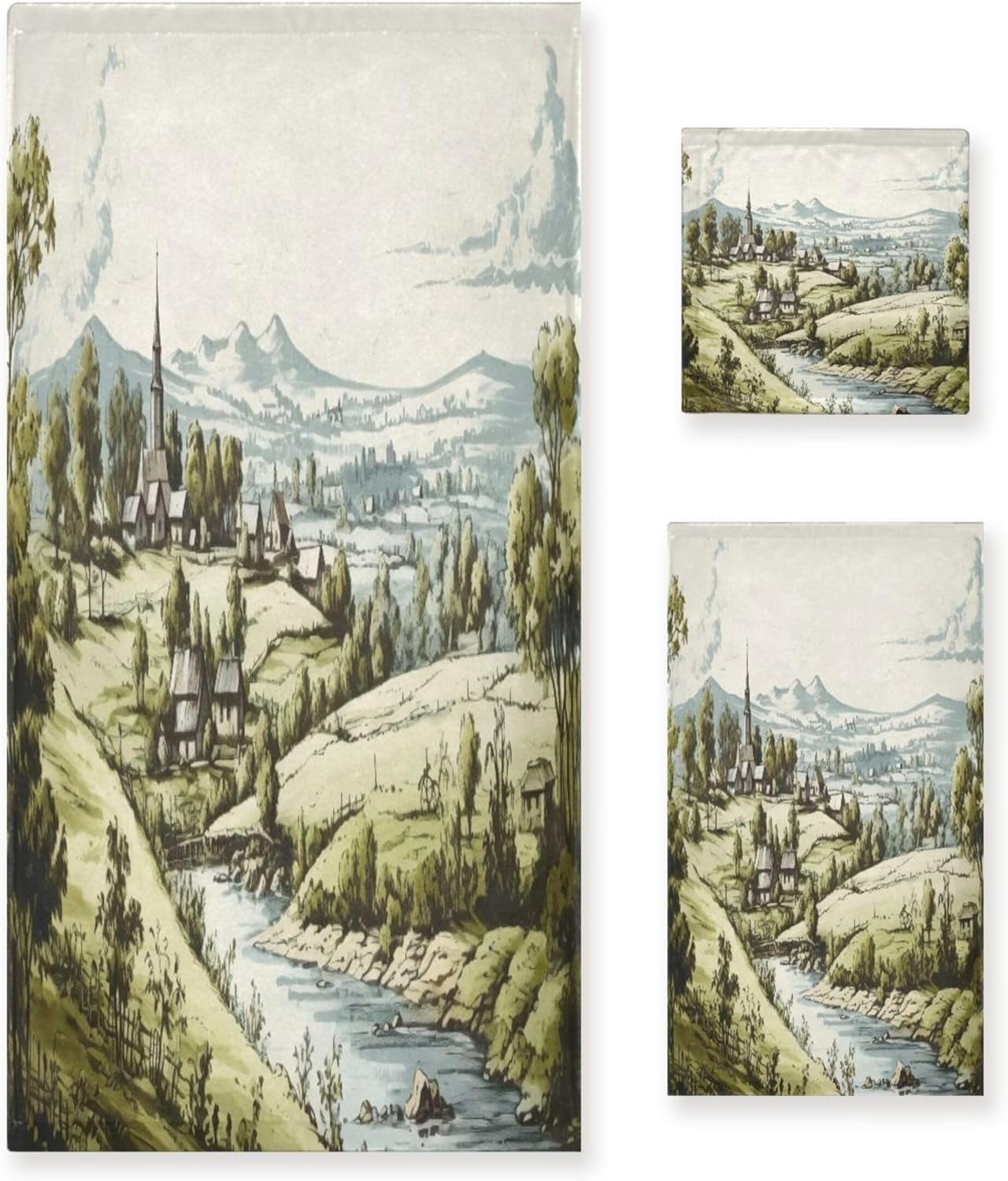 Coolnut Green Village Bathroom Towel Set of 3 with Hand Towel, Wash ...