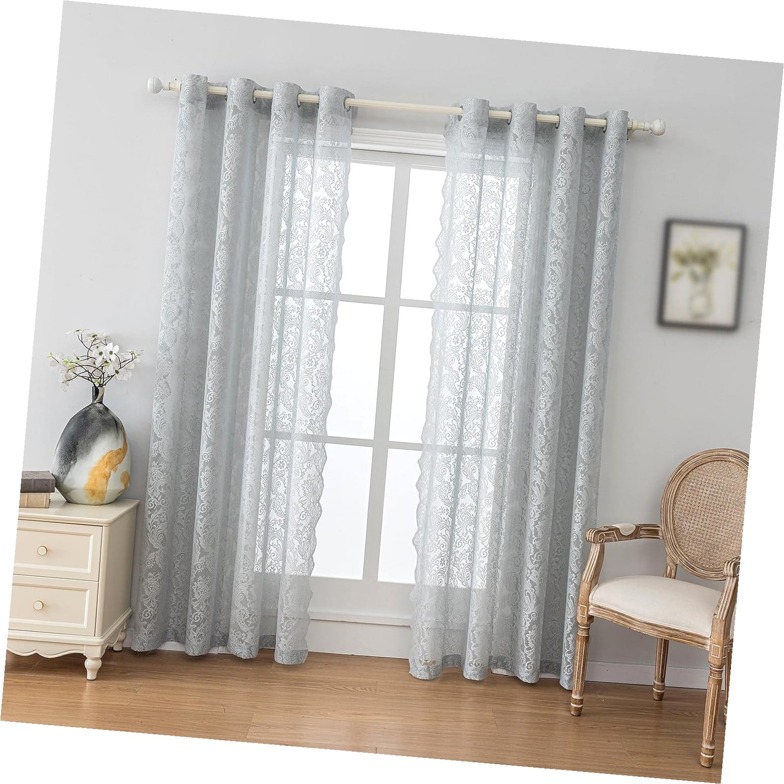 Coolnut Grey Lace Sheer Curtain Panels Room Window Sets Light Filtering ...