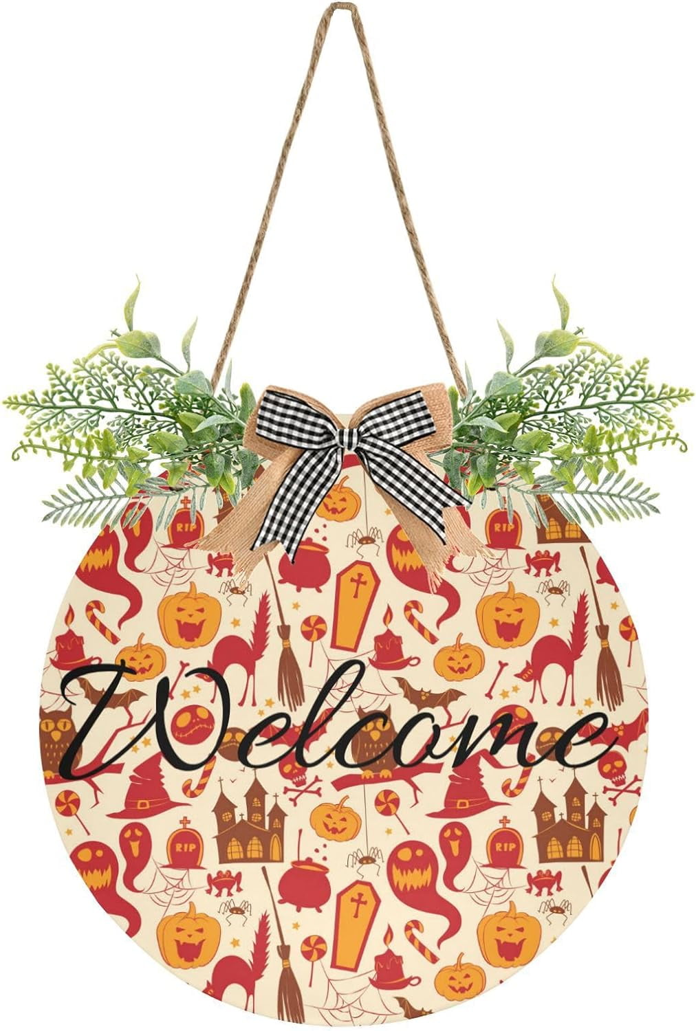 Halloween Pattern Welcome Sign Front Door Round Wall Door Sign with ...