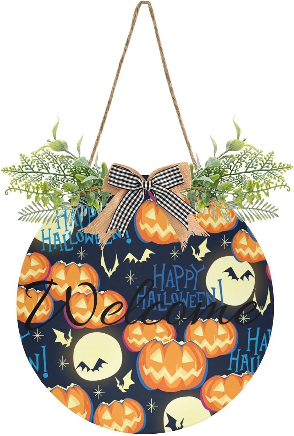 Halloween Pumpkin Welcome Sign Front Door Round Wall Door Sign with ...