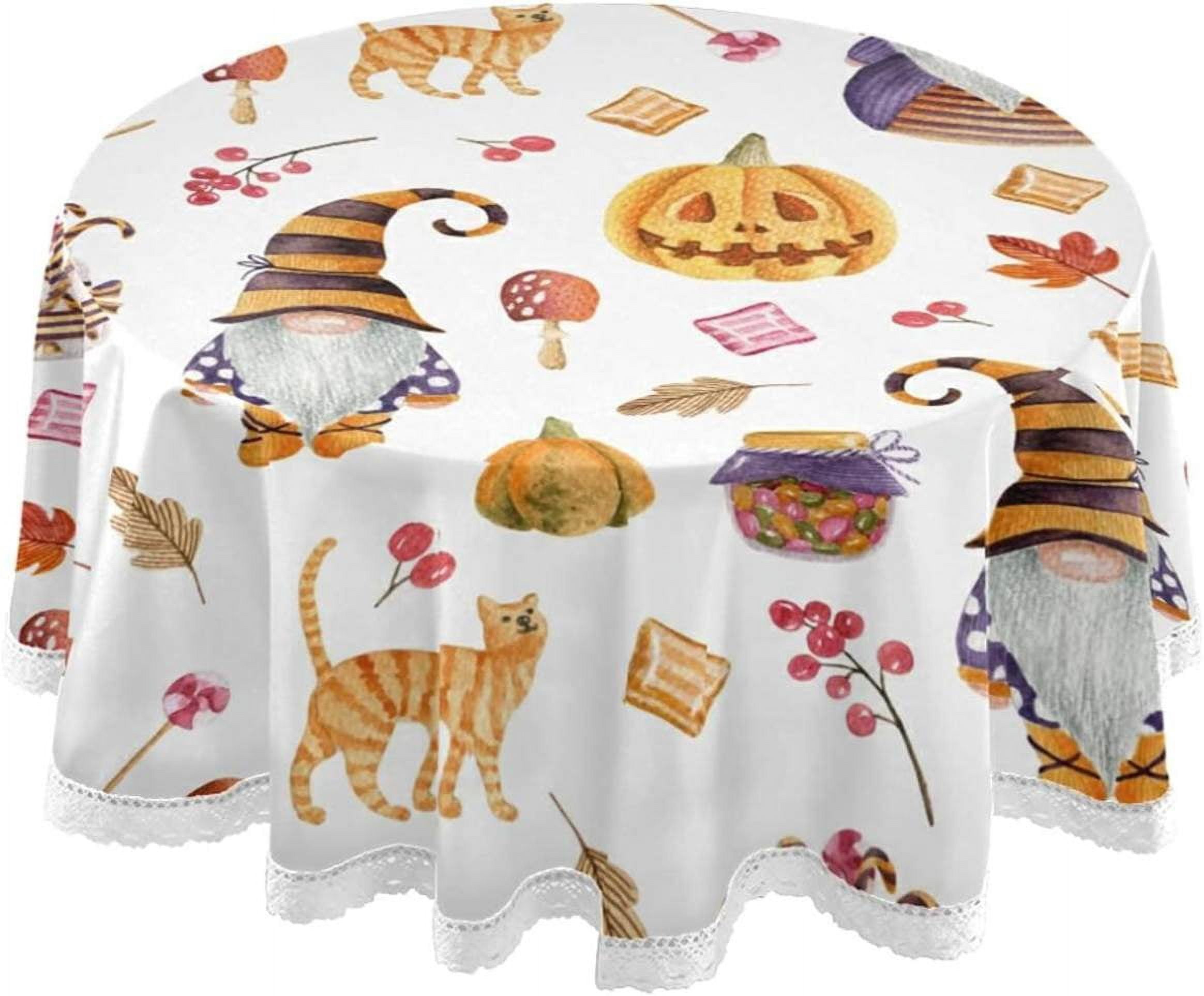 Coolnut Halloween Round Tablecloth 60", Cute Gnomes and Pumpkins Leaves ...