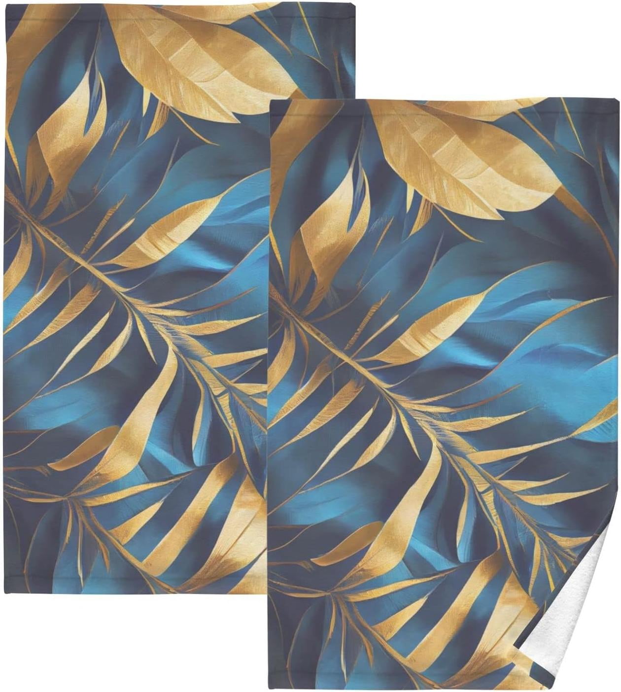 Coolnut Hand Towels Golden Blue Leaves Patterned 2 PCS, Cotton Bath ...
