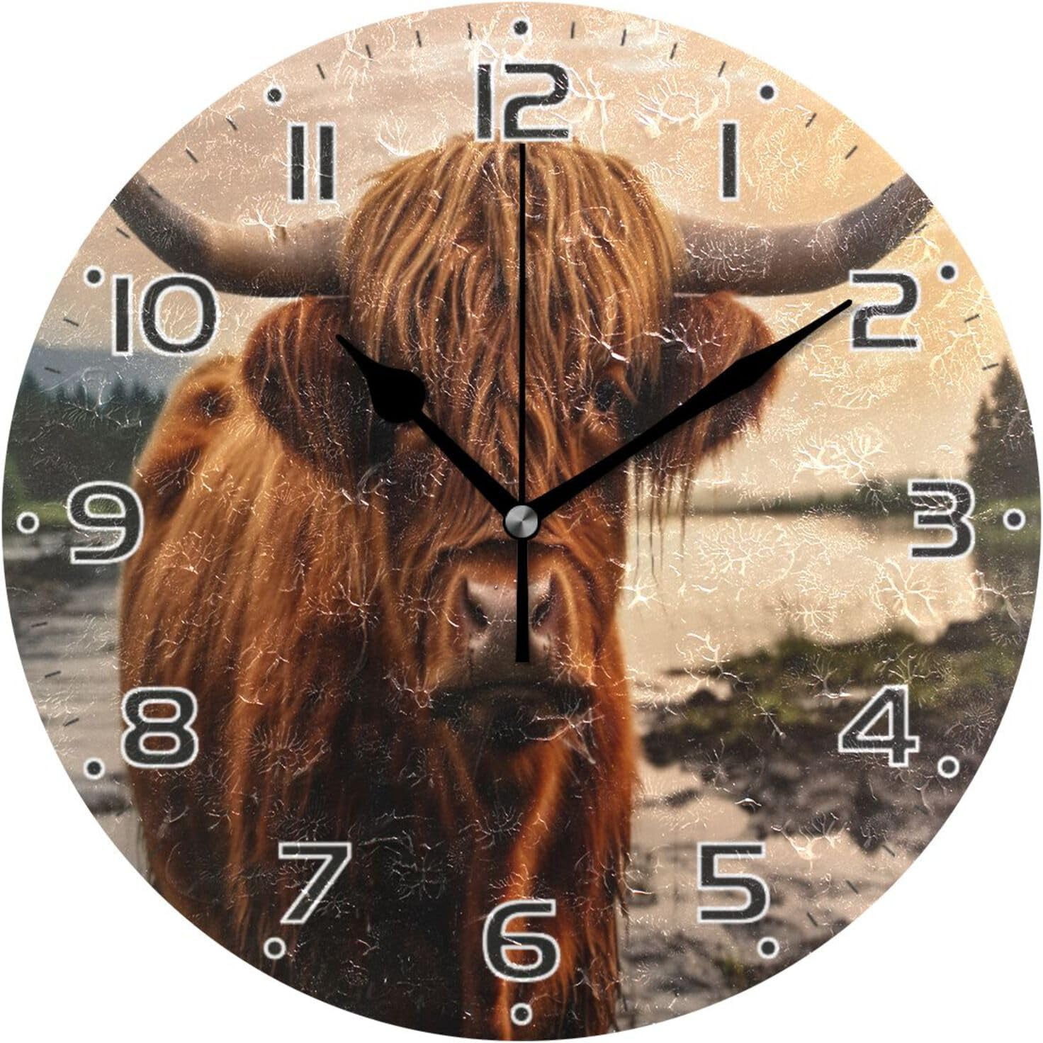Coolnut Highland Cow Clock Silent Round Wall Clock Non Ticking Battery ...