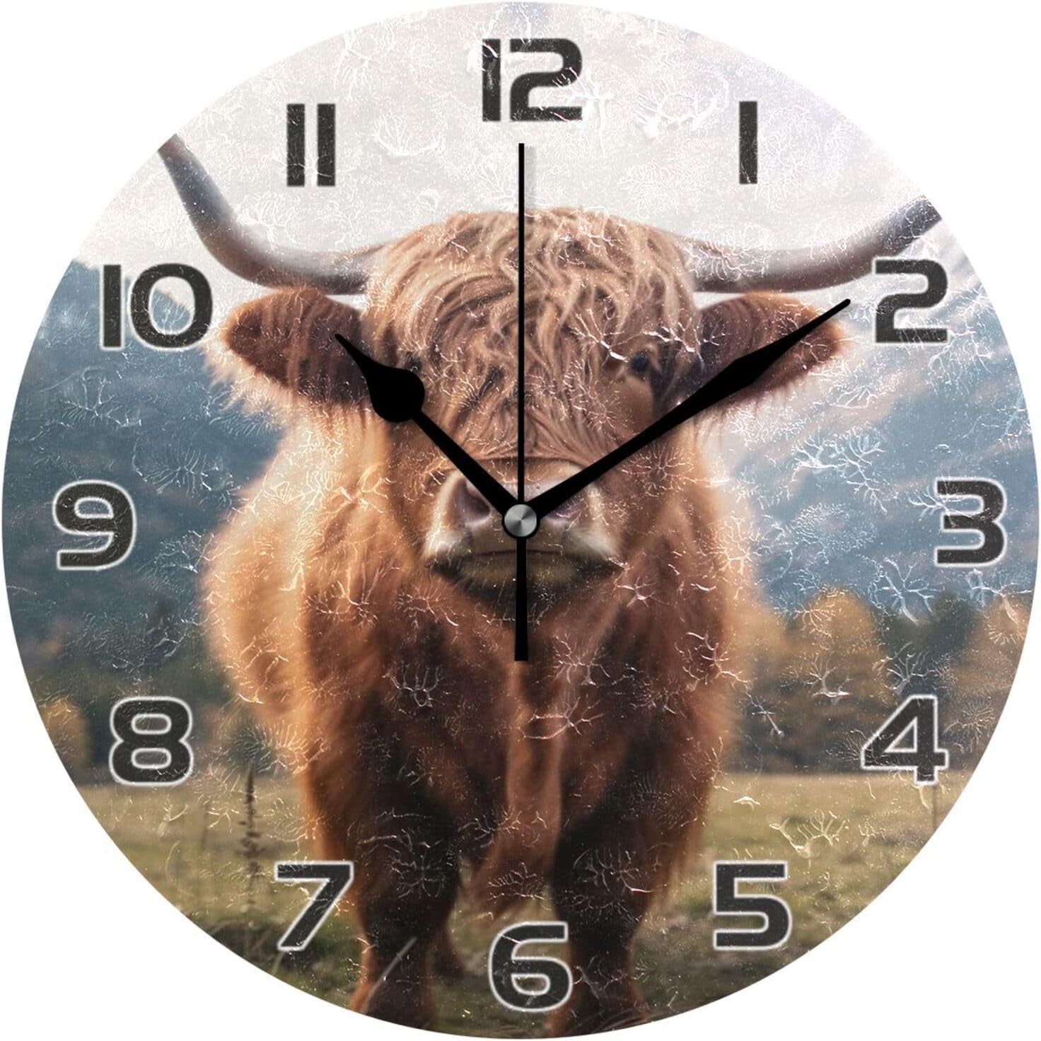 Coolnut Highland Cow Wall Clock Round Vintage Silent Non Ticking ...