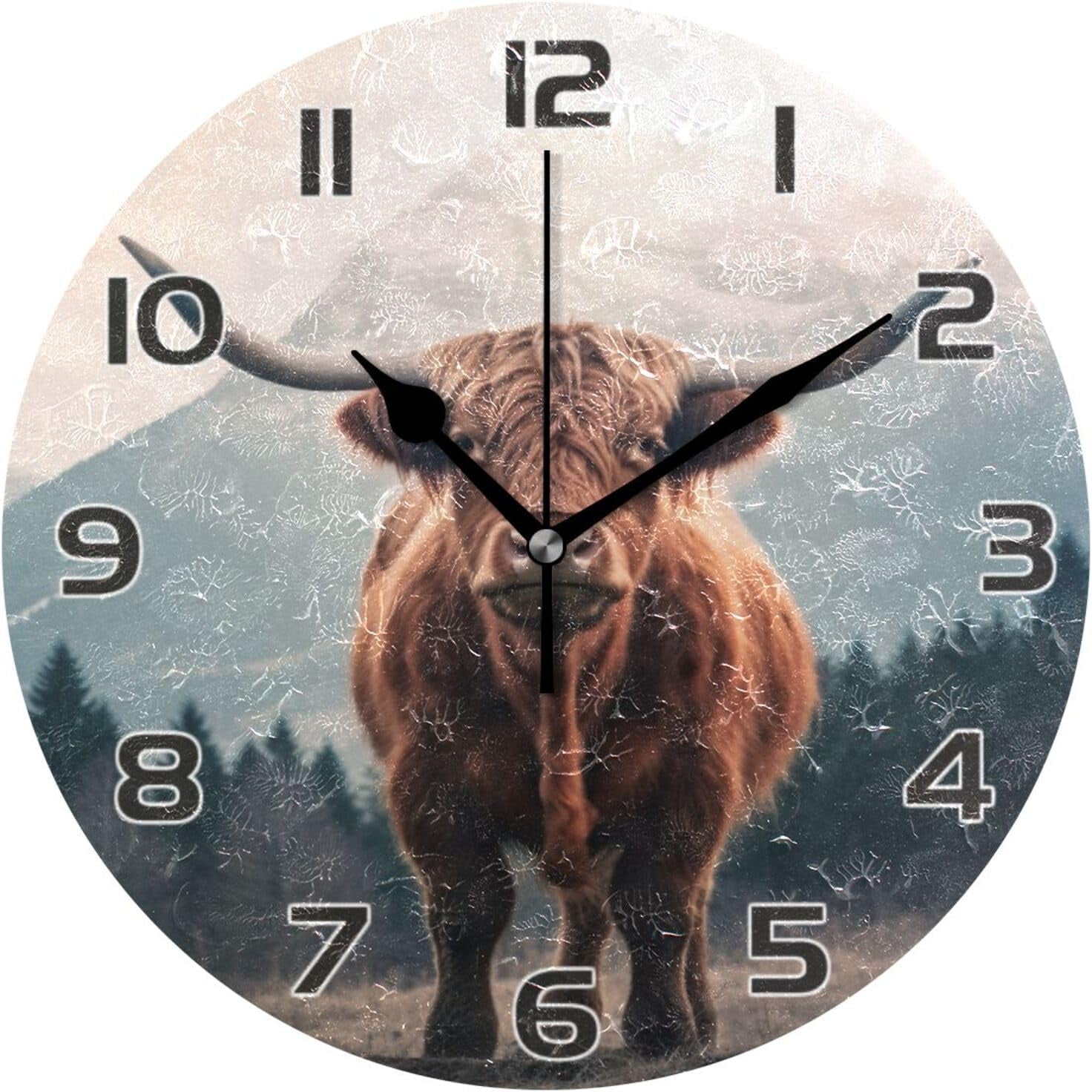 Coolnut Highland Cow Wall Clock Round Vintage Silent Non Ticking ...