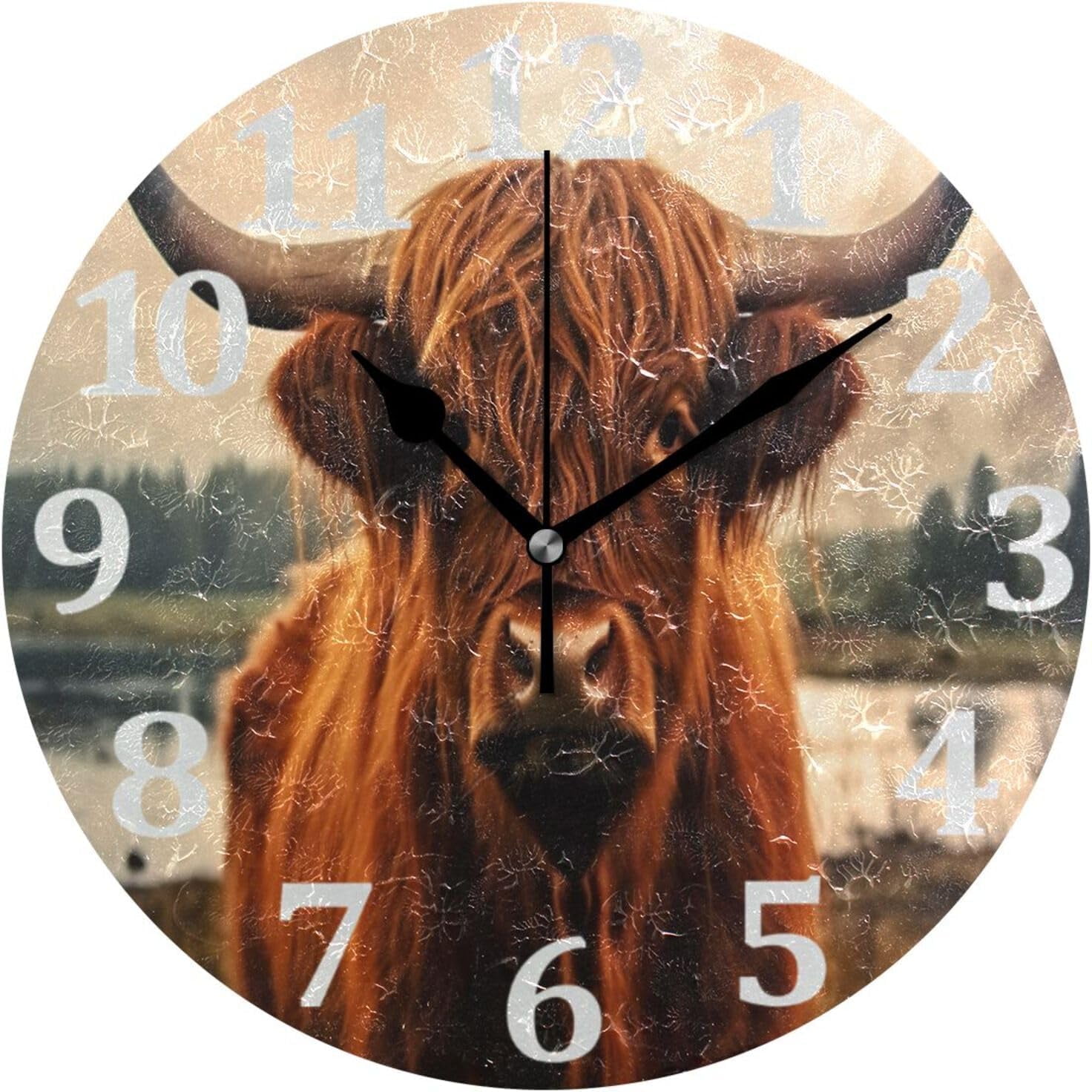 Coolnut Highland Cow Wall Clock Round Vintage Silent Non Ticking ...