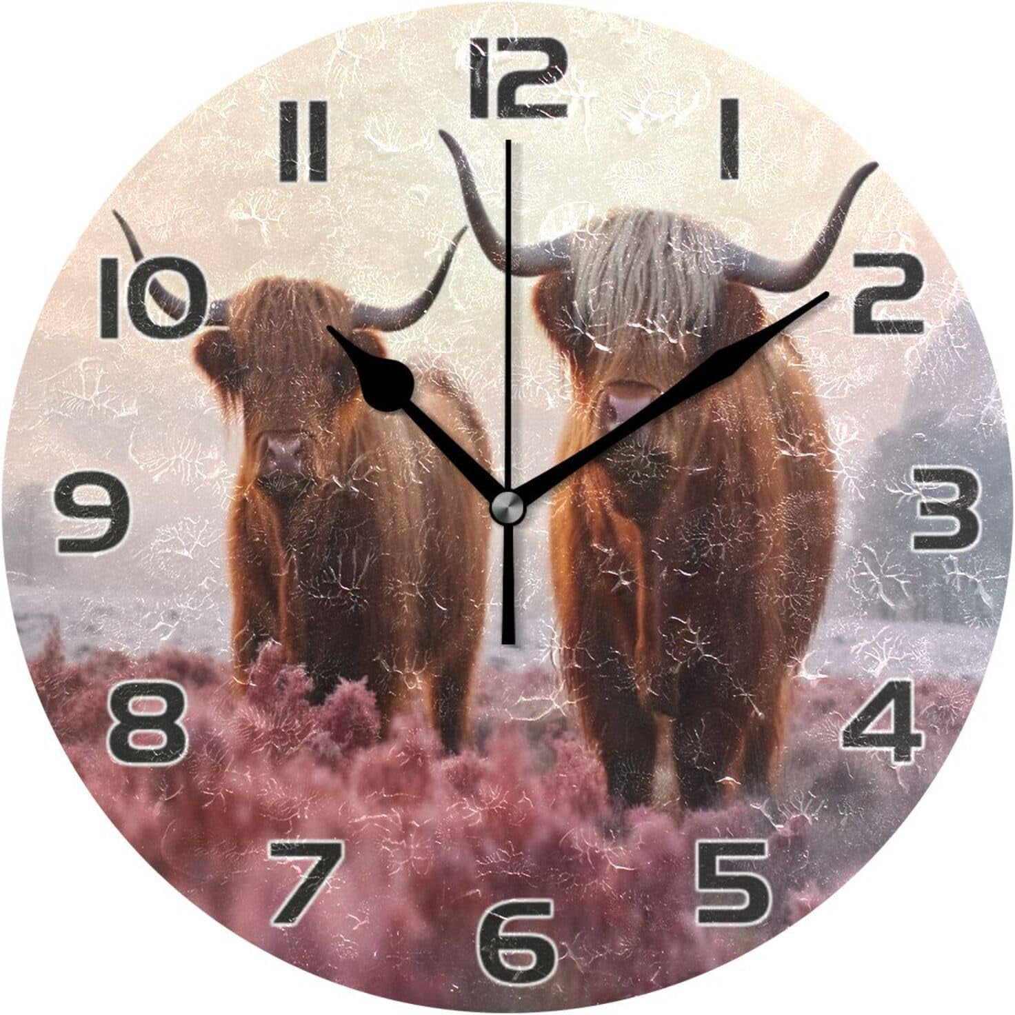 Coolnut Highland Cows Wall Clock Round Vintage Silent Non Ticking ...