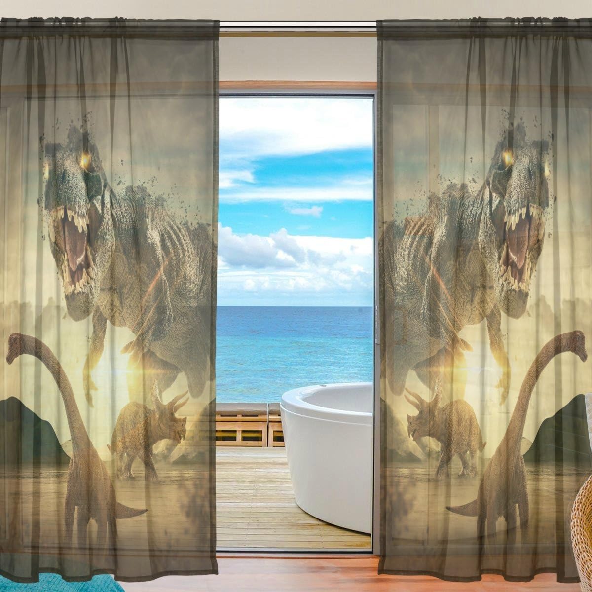 Coolnut Huge Dinosaurs Sheer Gauze Door Curtain Window Curtain Drapes ...