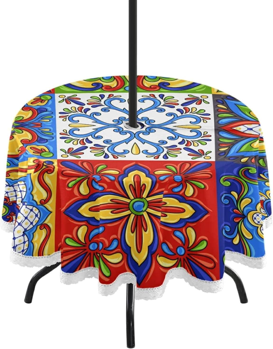 Coolnut Indoor & Outdoor Round Tablecloth 60In,Mexican Style Tile ...