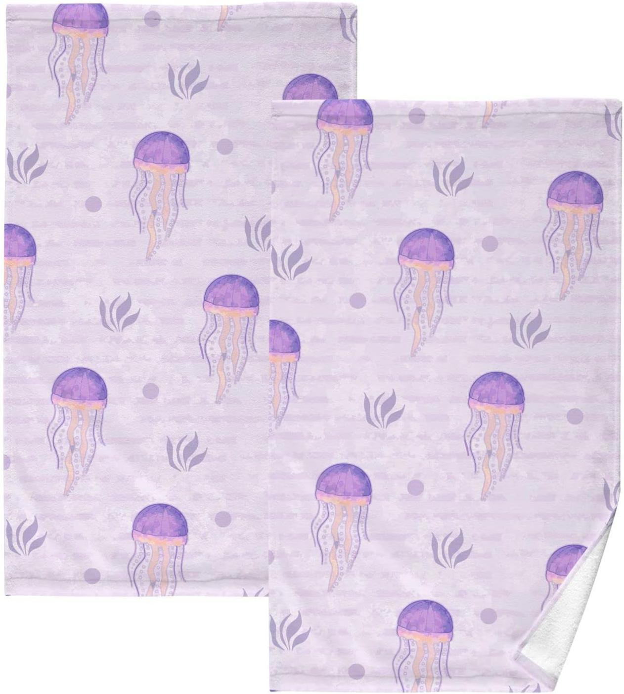 Coolnut Jellyfish Purple Patterned Hand Towels 2 PCS, Cotton Bath Towel ...