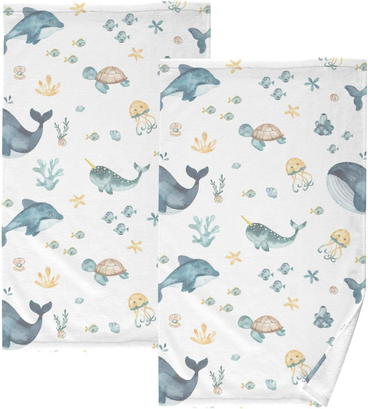 Coolnut Jellyfish Whale Patterned Hand Towels 2 PCS, Cotton Bath Towel ...