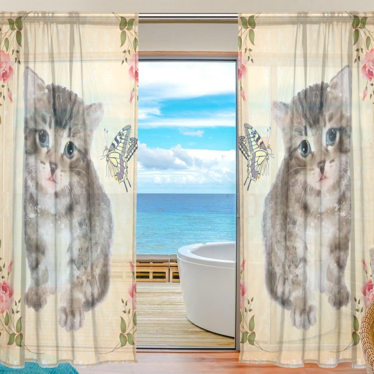 Coolnut Kitten Butterfly Sheer Gauze Door Curtain Window Curtain Drapes ...