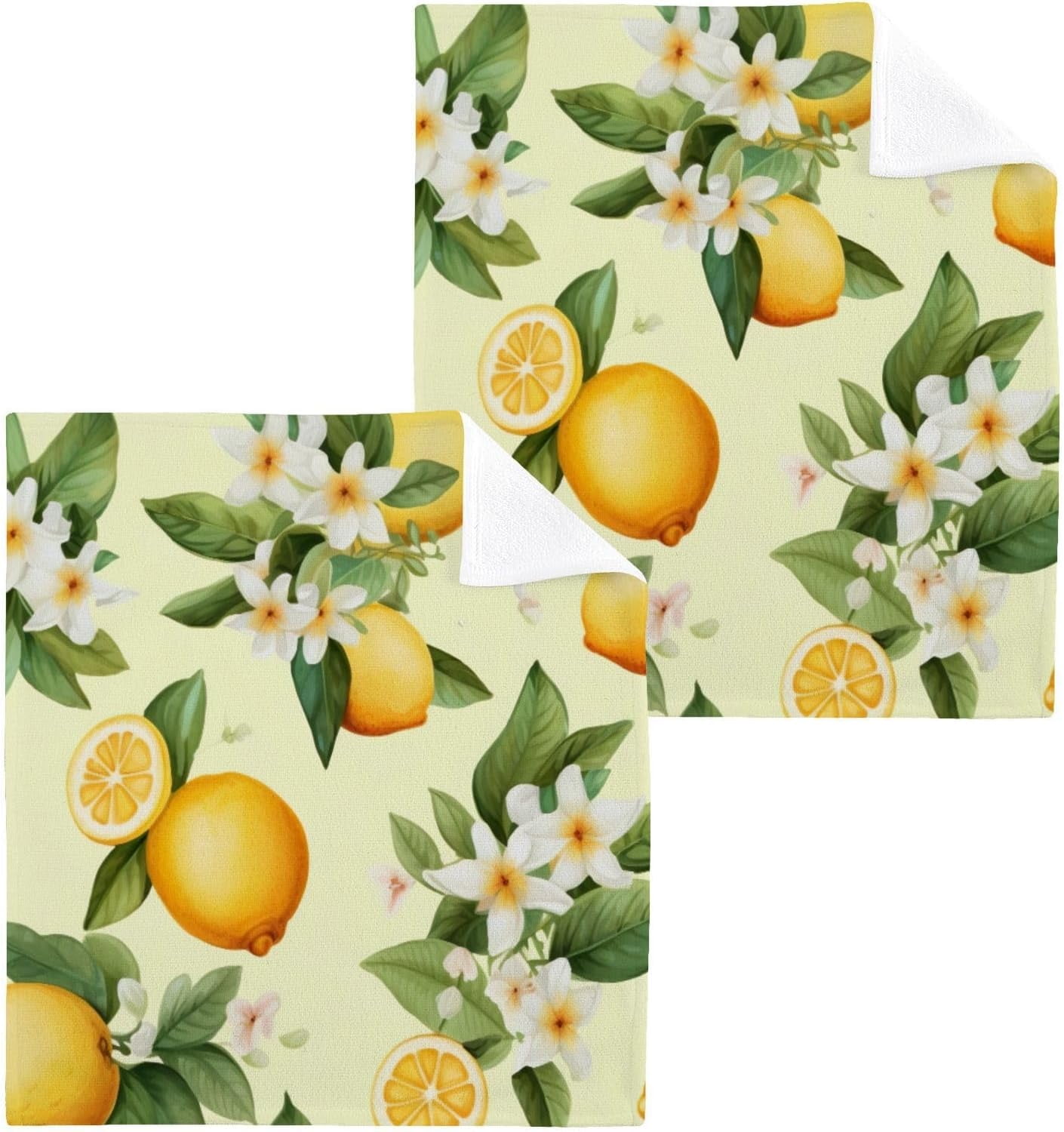 Coolnut Lemon Flowers Washcloths Set of 2-12 x 12 inch Pure Cotton Wash Cloth Highly Absorbent ...