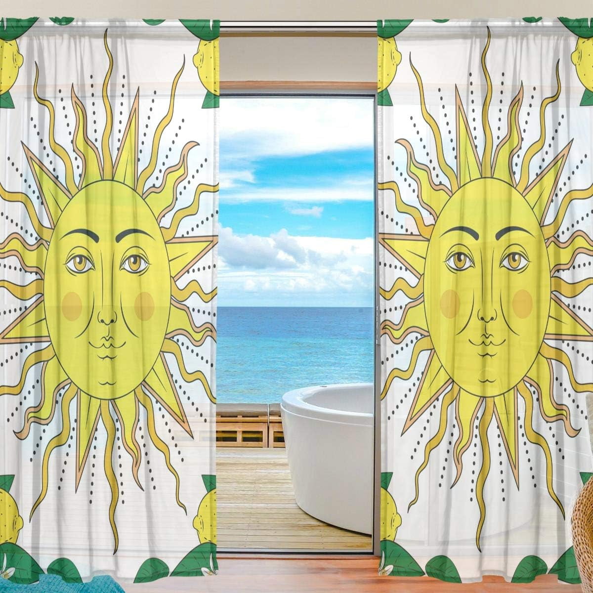 Coolnut Lemon and Sun with Human Face Semi Sheer Curtains Window Voile ...