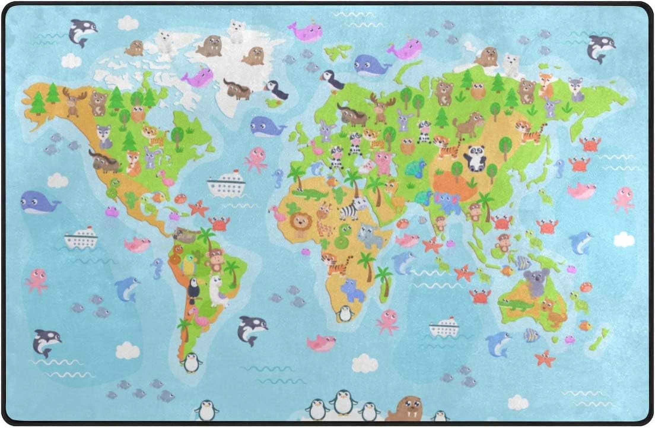 Coolnut Lightweight Soft Area Rugs 31x20 Inch, Animals World Map Floor ...