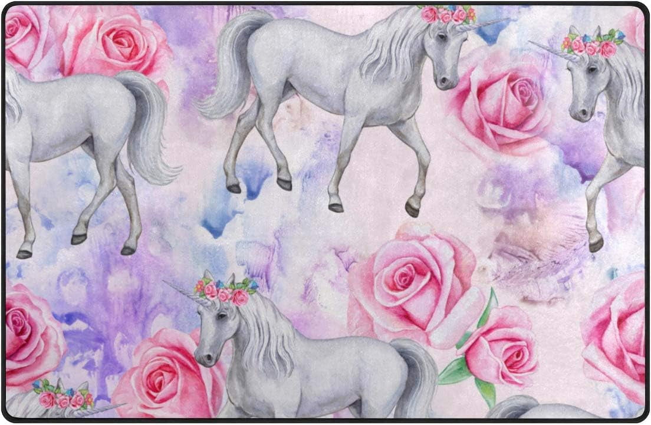 Coolnut Lightweight Soft Area Rugs 31x20 Inch, Unicorn with Pink Roses ...