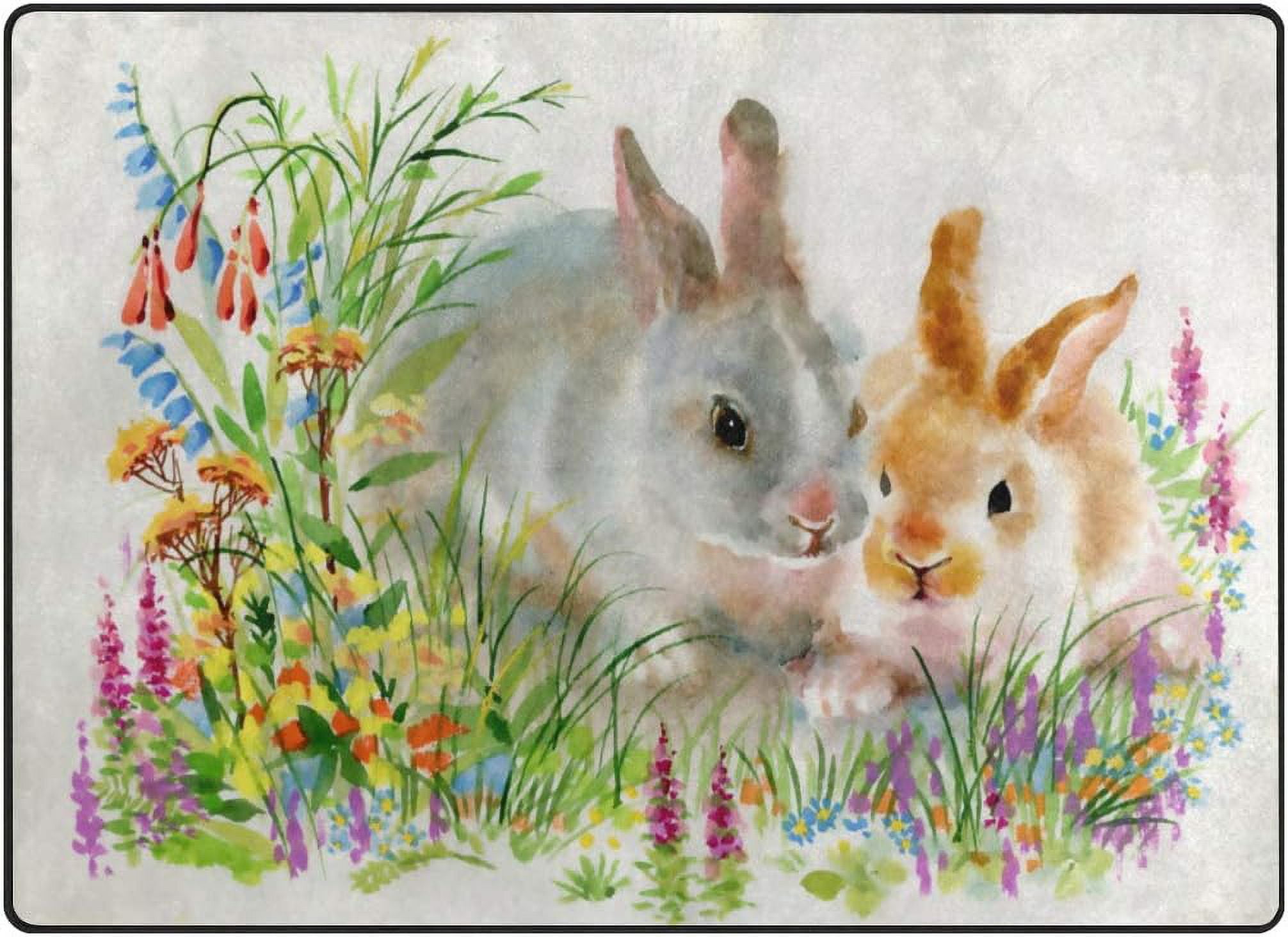Coolnut Lightweight Soft Area Rugs 63 x 48 in, Watercolor Rabbits in ...