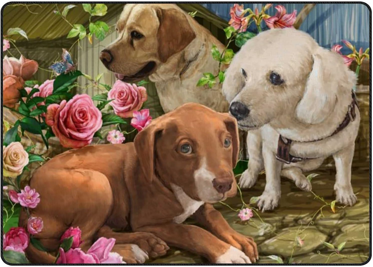 Coolnut Lightweight Soft Area Rugs Painting Group of Dogs and Flowers ...