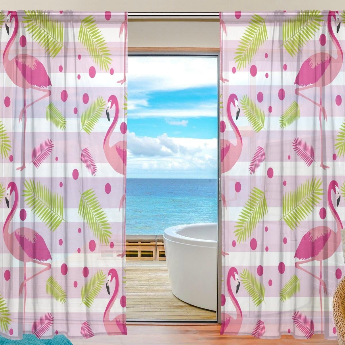 Coolnut Lovely Pink Flamingos Sheer Gauze Door Curtain Window Curtain ...