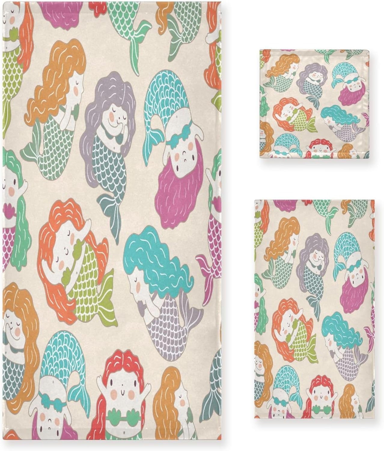 Coolnut Mermaid Bathroom Towel Set of 3 with Hand Towel, Wash Cloths ...