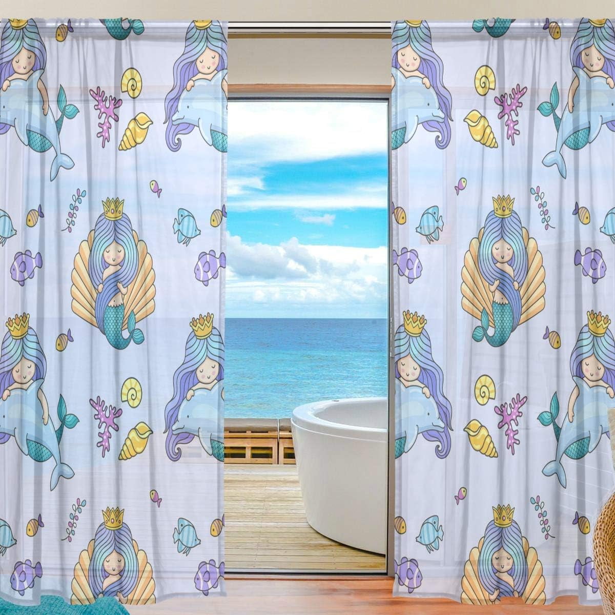Coolnut Mermaid with Dolphin and Seashell Semi Sheer Curtains Window ...