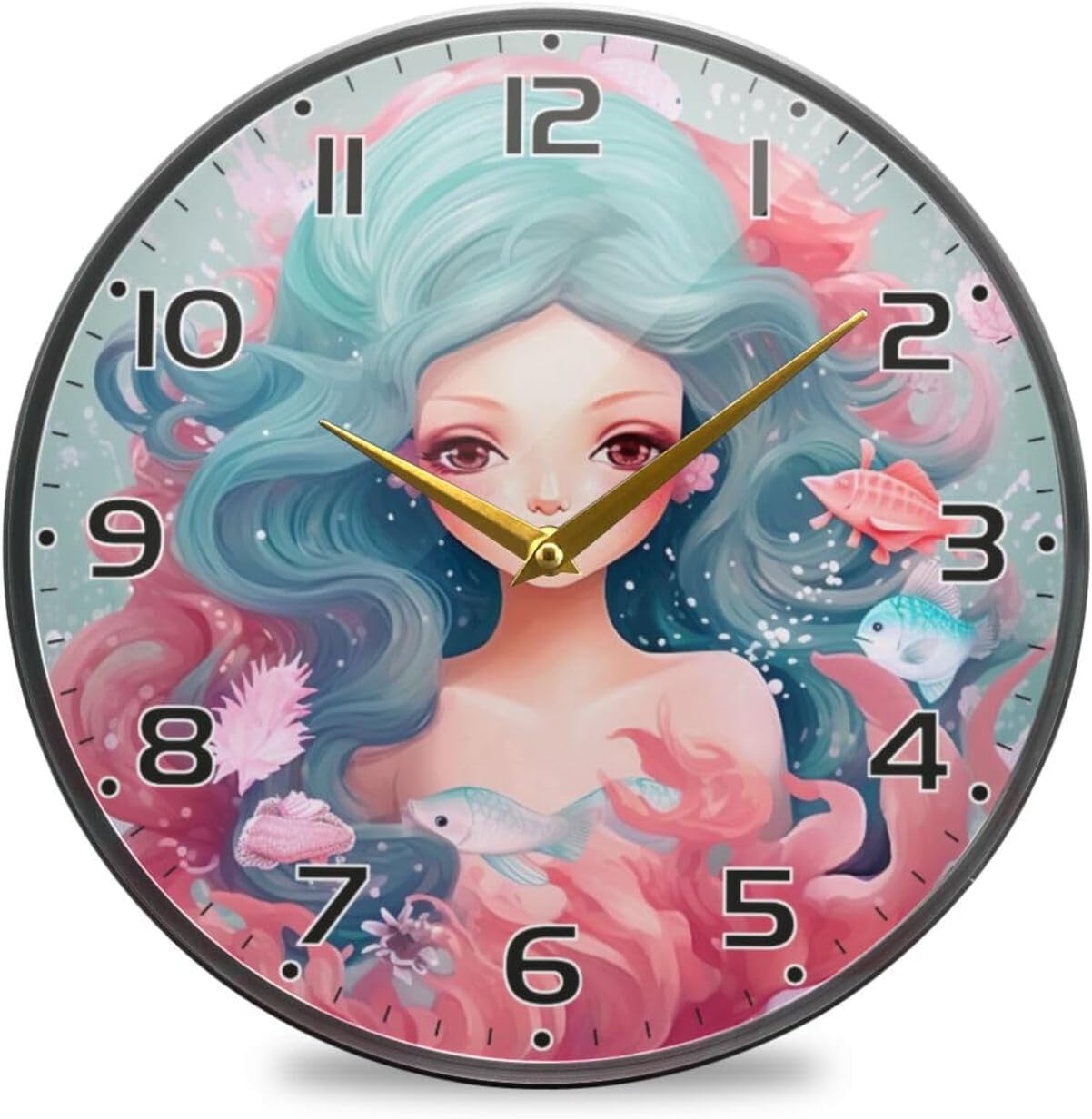 Coolnut Mermaid Girl Wall Clock Round Silent Non Ticking Battery ...