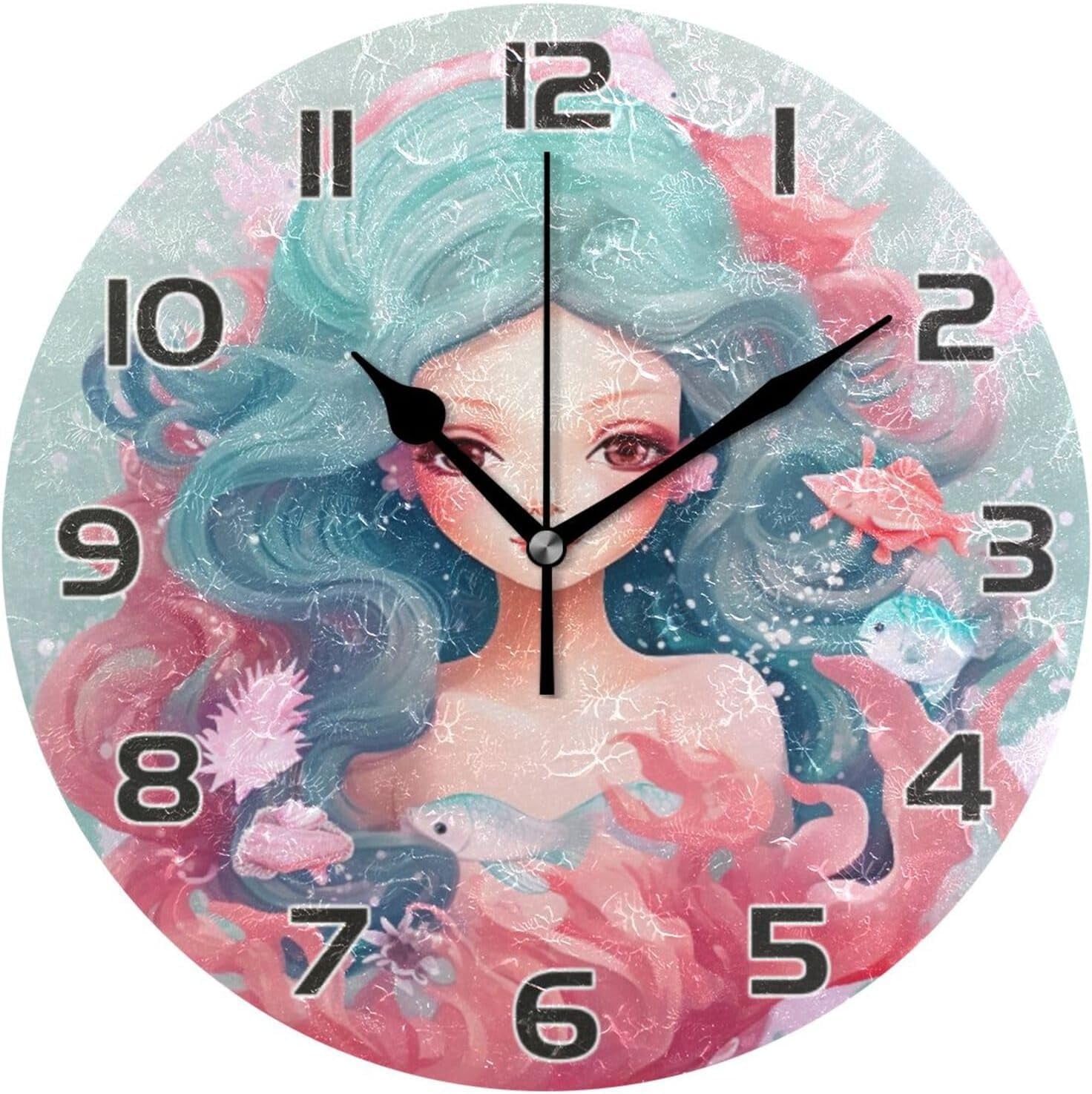 Coolnut Mermaid Girl Wall Clock Round Vintage Silent Non Ticking ...