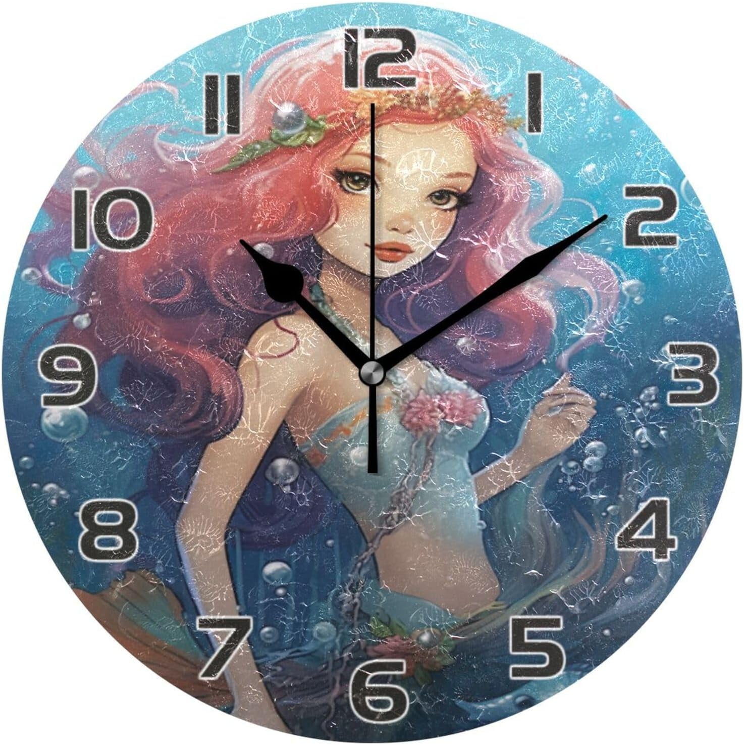 Coolnut Mermaid Girl Wall Clock Round Vintage Silent Non Ticking ...