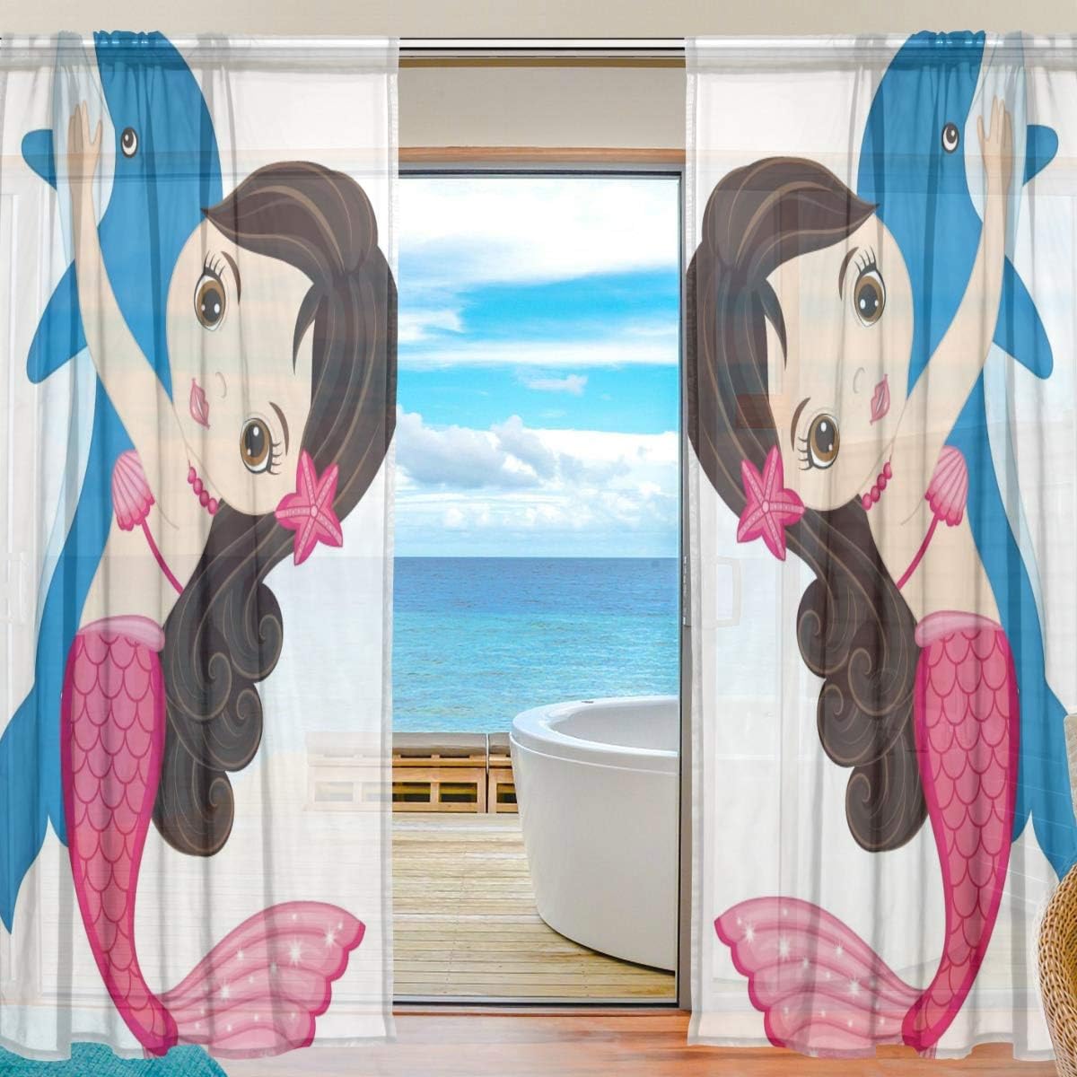 Coolnut Mermaid Swimming with Dolphin Semi Sheer Curtains Window Voile ...