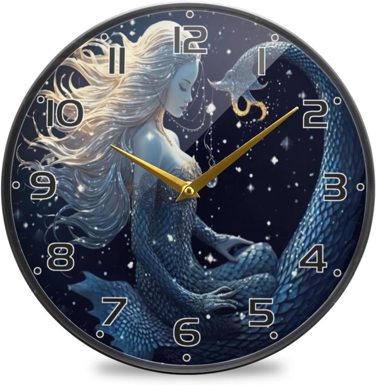 Coolnut Mermaid Woman Wall Clock Round Silent Non Ticking Battery ...