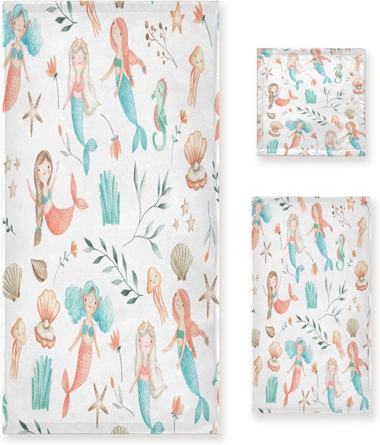 Coolnut Mermaids Bathroom Towel Set of 3 with Hand Towel, Wash Cloths ...