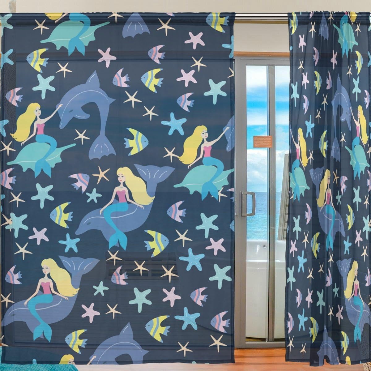 Coolnut Mermaids Fish Dolphins Sheer Gauze Door Curtain Window Curtain ...
