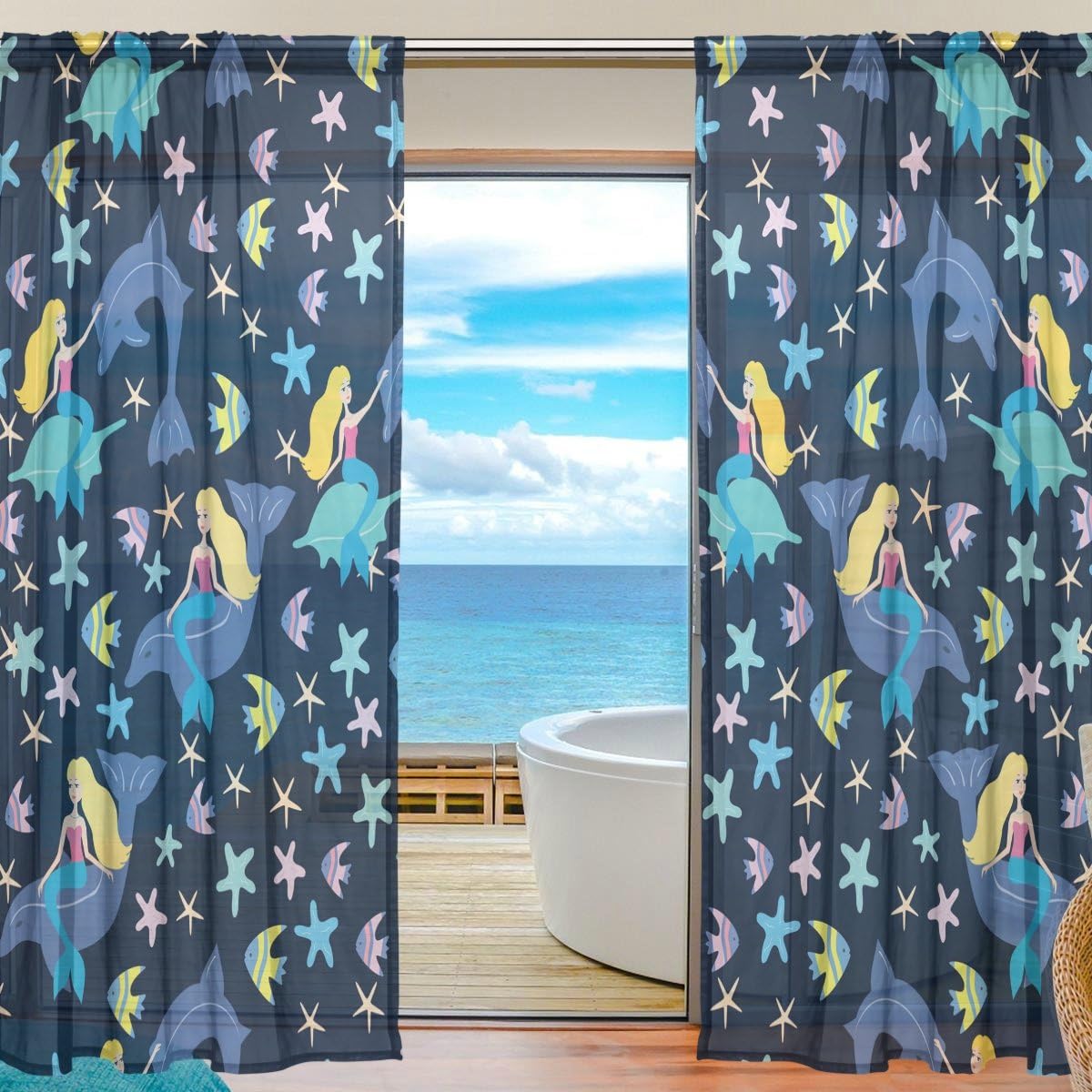 Coolnut Mermaids Fish Dolphins Sheer Gauze Door Curtain Window Curtain ...