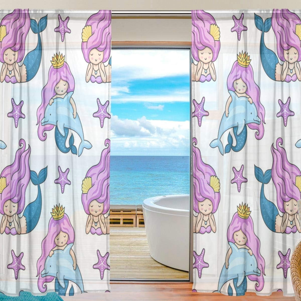 Coolnut Mermaids Starfish Dolphin Semi Sheer Curtains Window Voile ...