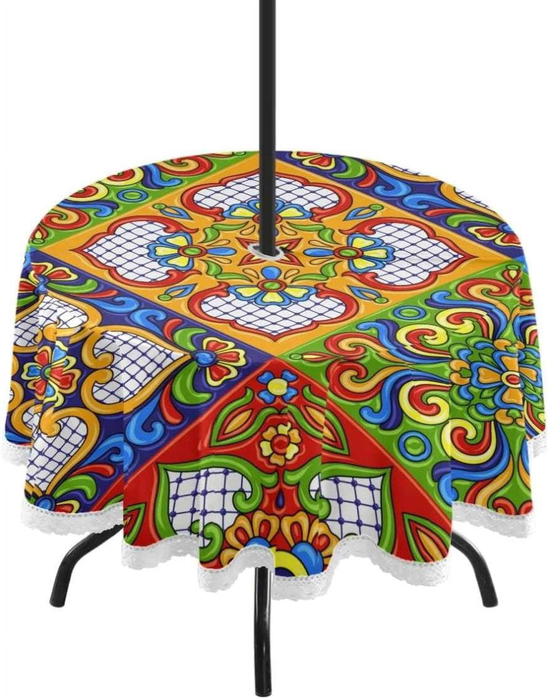 Coolnut Mexican Style Tiles Round Tablecloth 60In,Waterproof Round ...