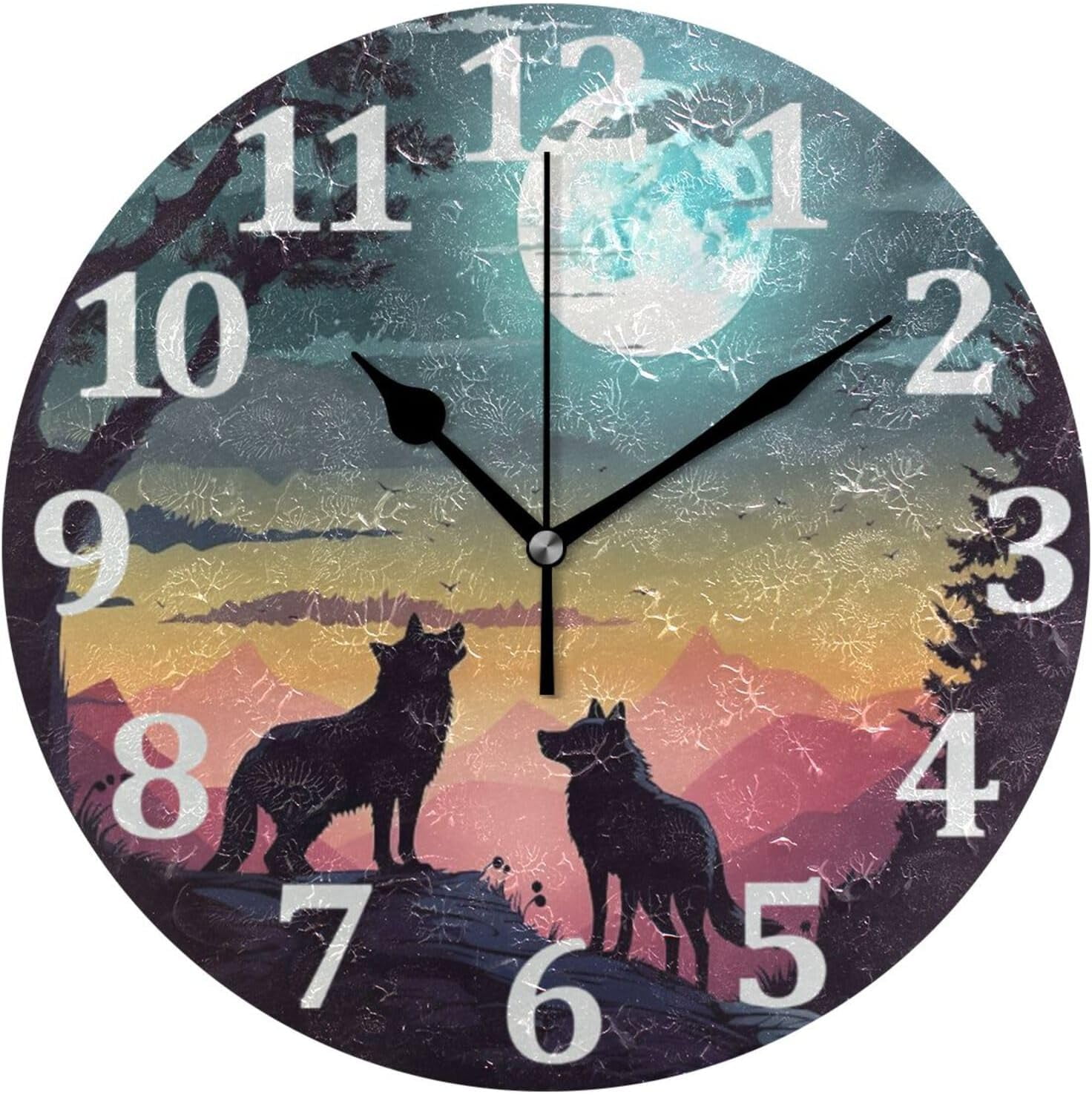 Coolnut Moon Night Forest Wolf Wall Clock Round Vintage Silent Non ...