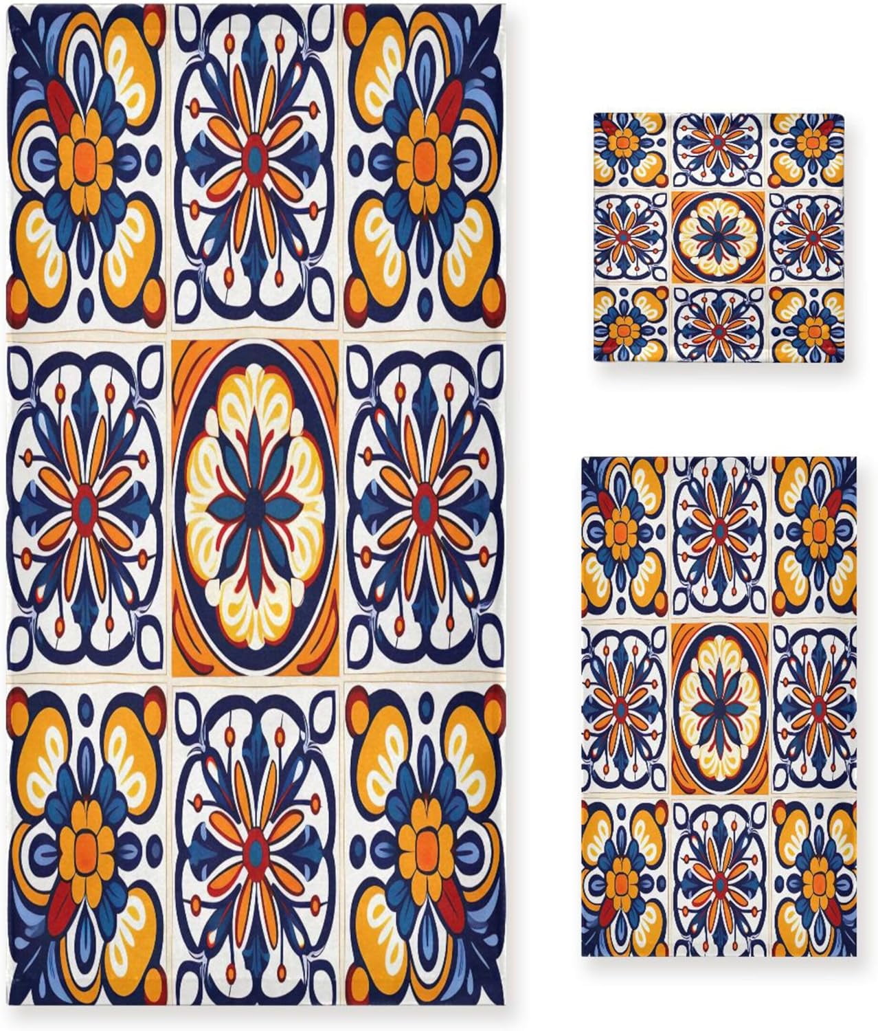 Coolnut Morocco Tiles Bathroom Towel Set of 3 with Hand Towel, Wash ...