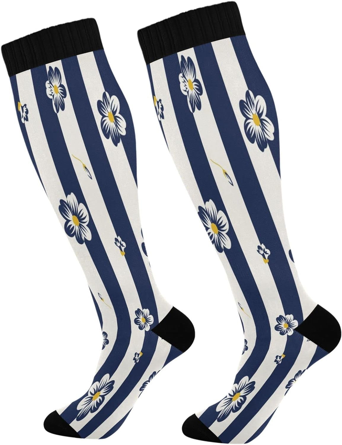 Coolnut Navy Blue Striped Floral Compression Socks for Women&Men ...