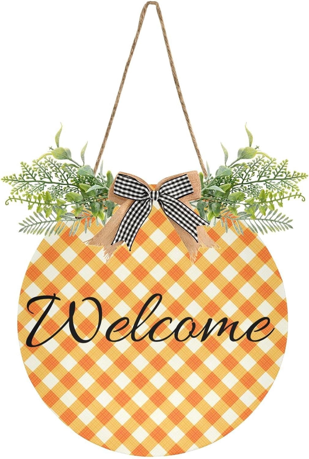 Coolnut Orange White Plaid Welcome Sign for Front Door, Round Sign ...