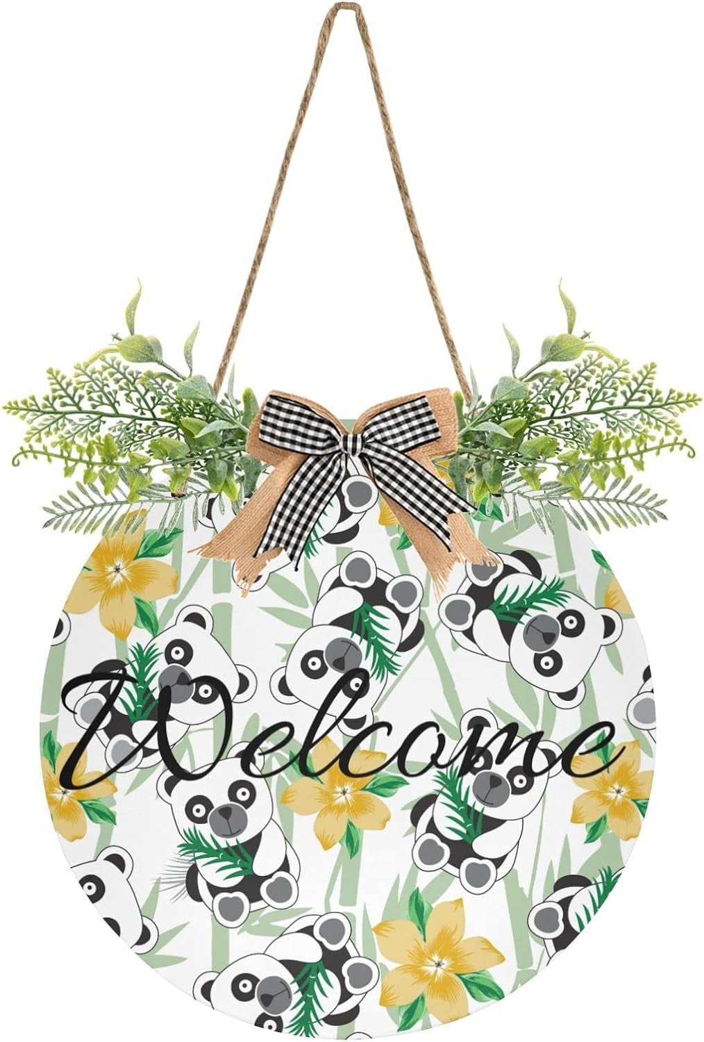 Coolnut Pandas Bamboo Welcome Sign for Front Door, Round Sign Hanging ...