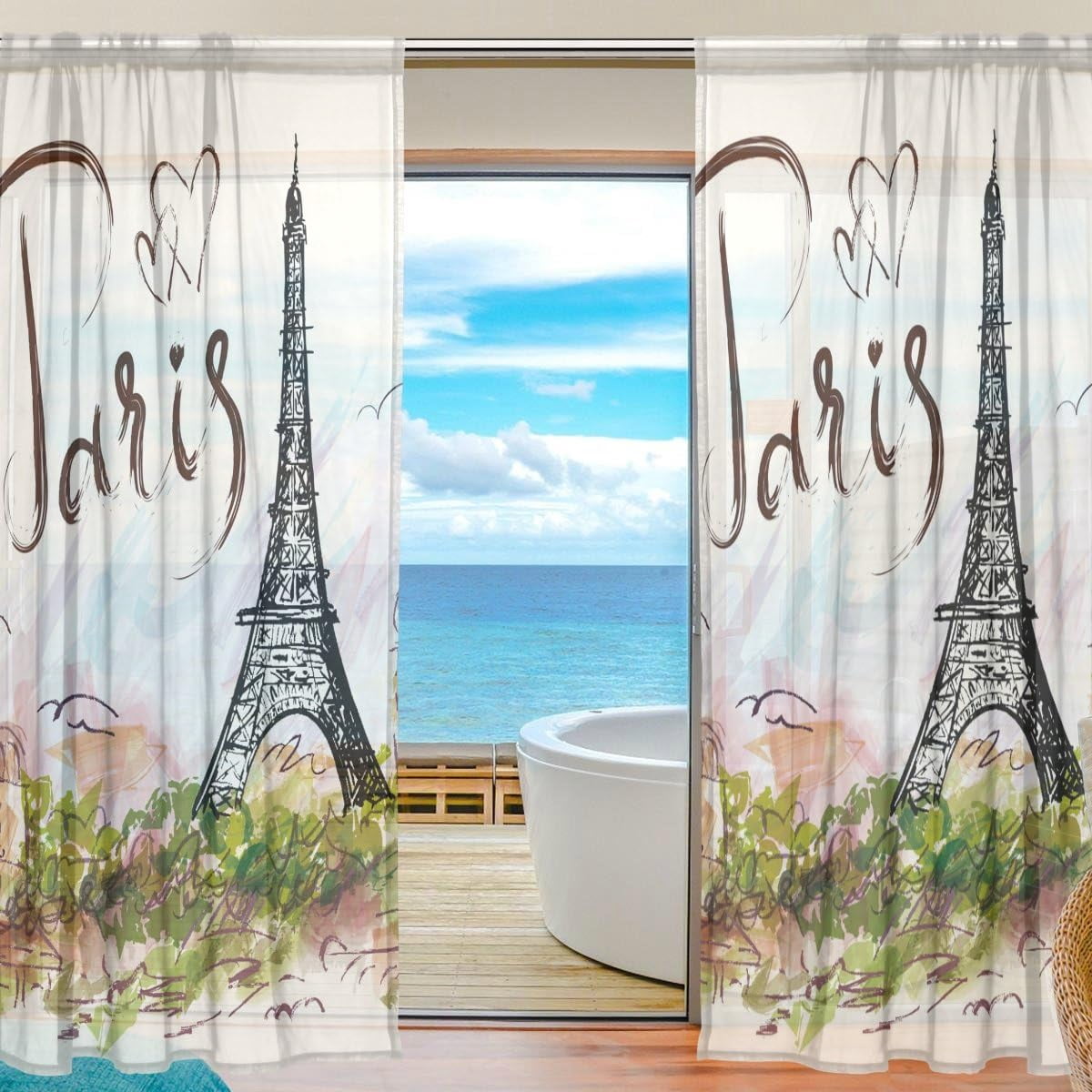 Coolnut Paris Eiffel Tower Painting Sheer Gauze Door Curtain Window ...