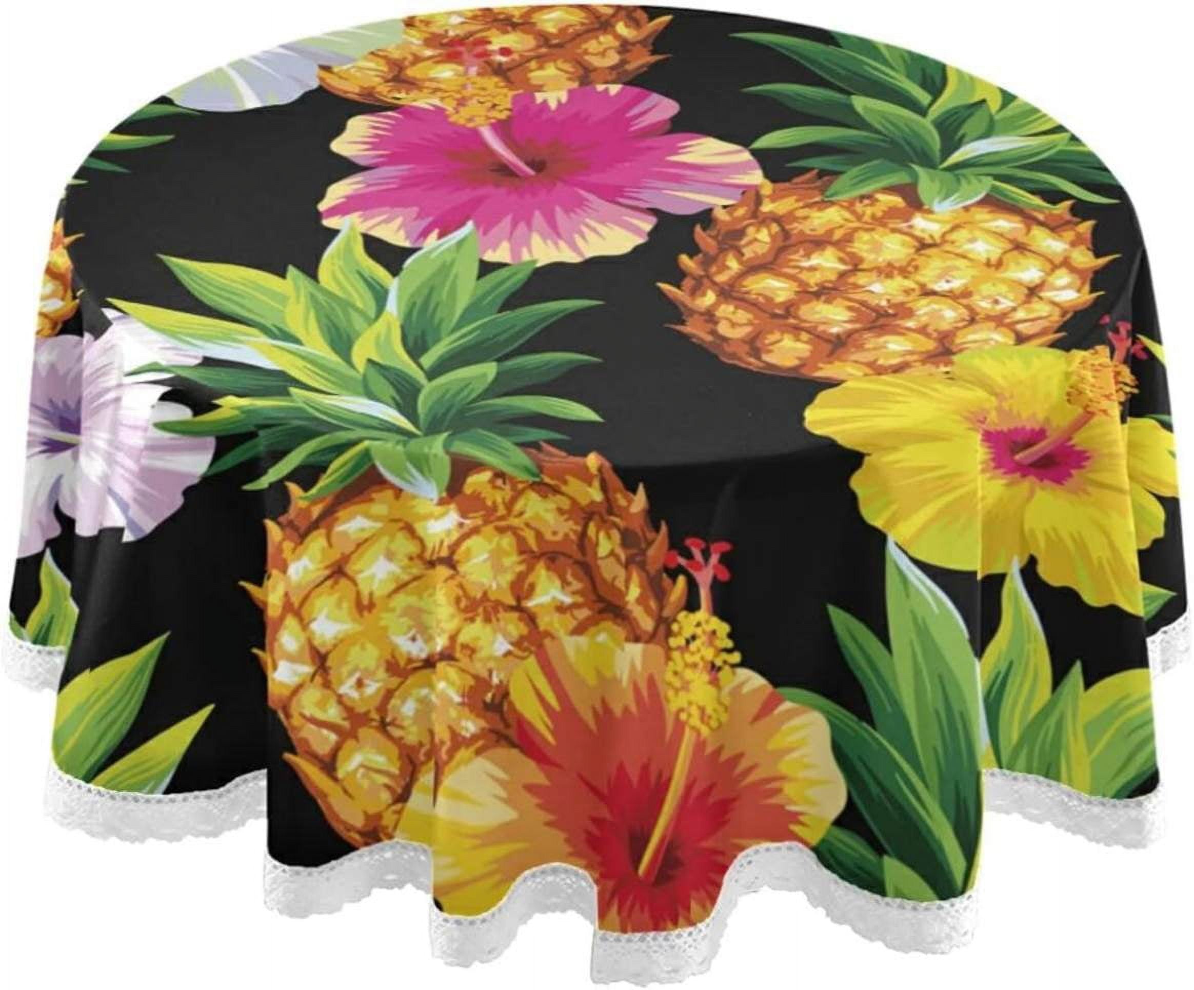 Coolnut Pineapple Tropical Flower Black Round Tablecloth 60In,Table ...