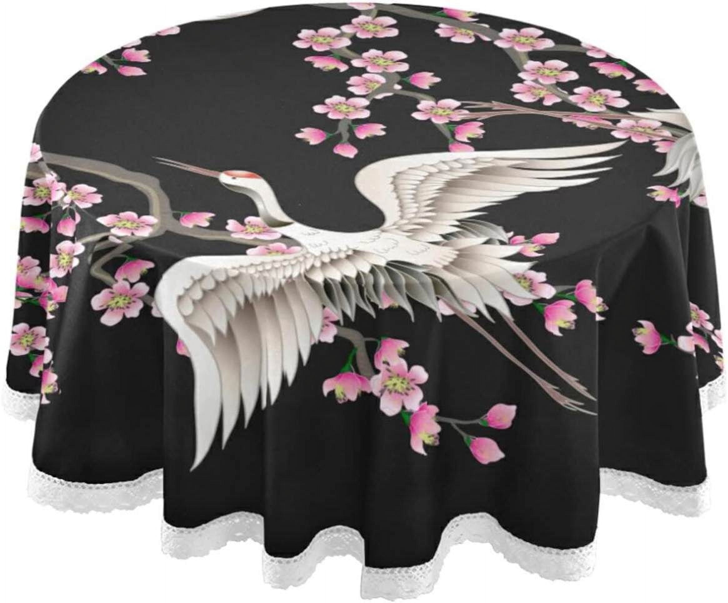 Coolnut Pink Cherry Blossoms and White Cranes Round Tablecloth 60In ...