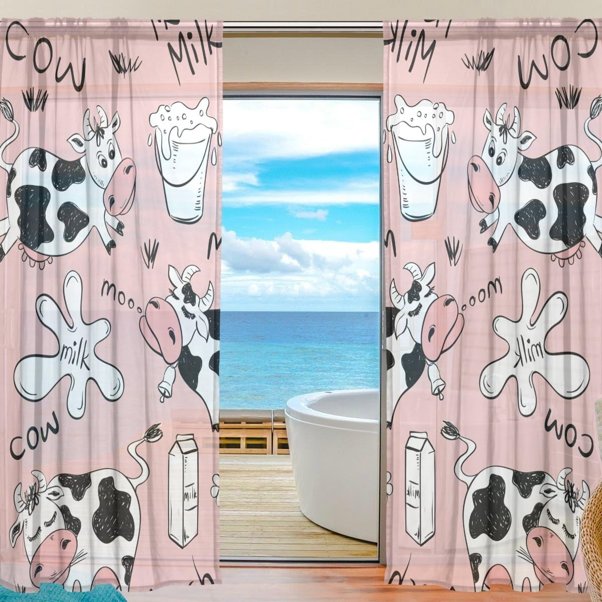 Coolnut Pink Cows Sheer Gauze Door Curtain Window Curtain Drapes for ...
