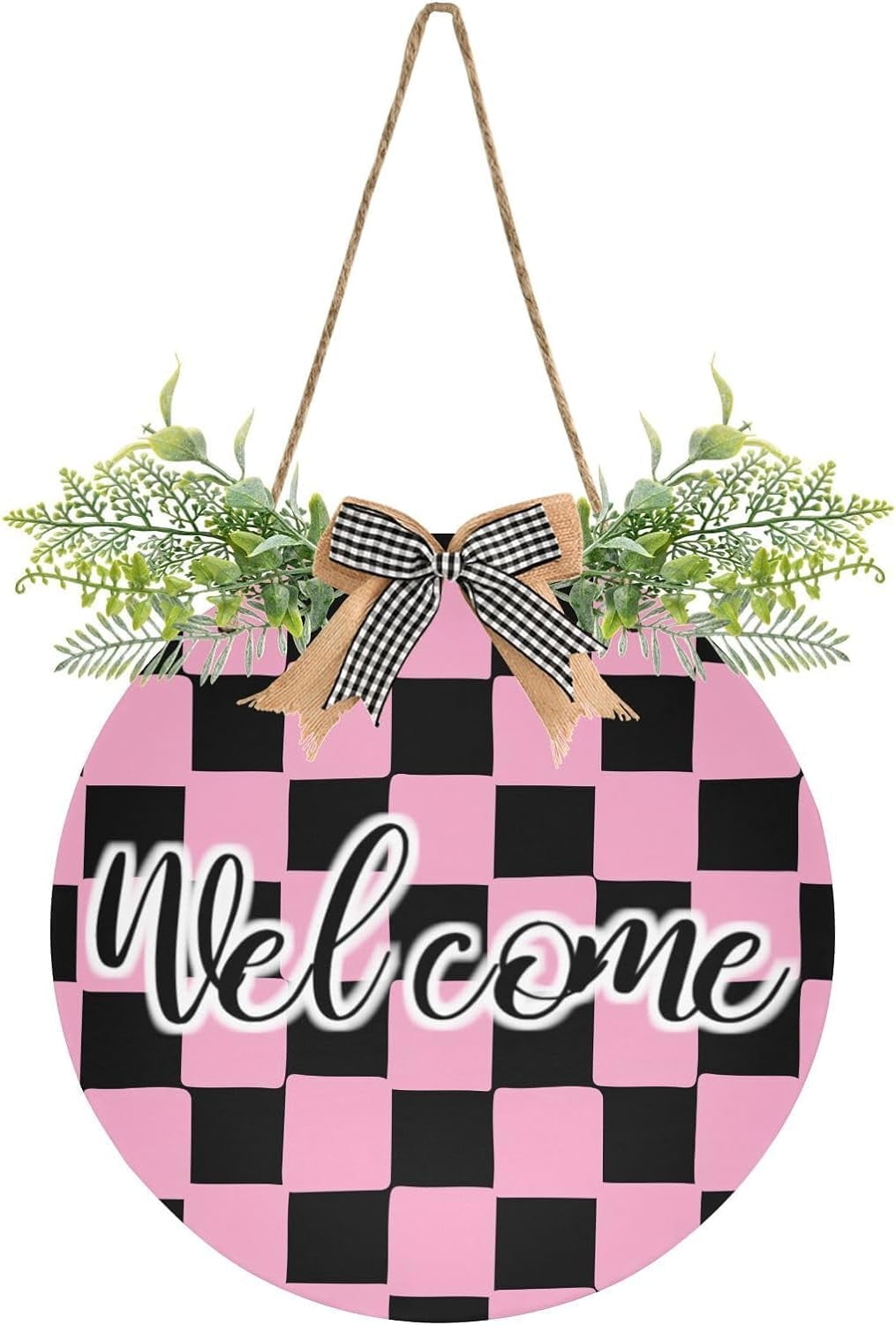 Coolnut Pink Doodle Checkerboard Front Door Round, Hanging Welcome Sign ...