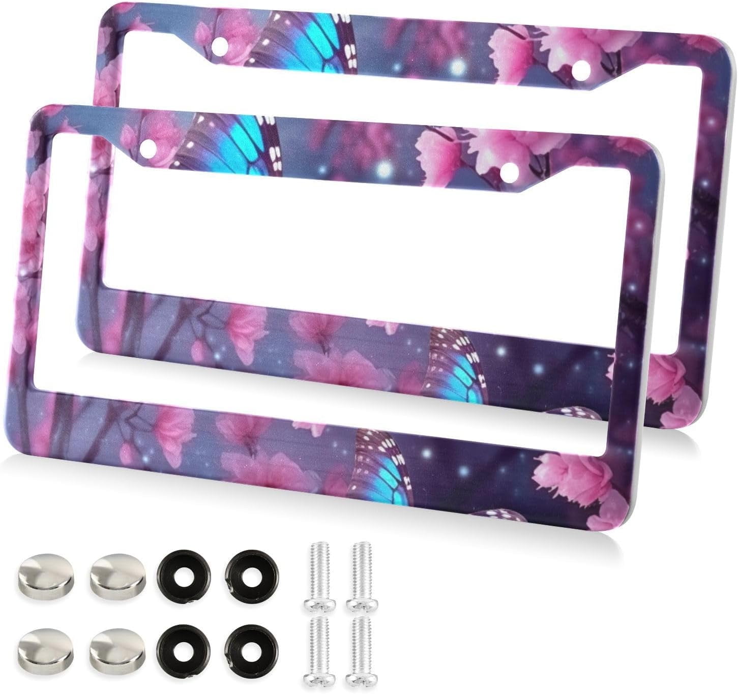 Coolnut Pink Floral Butterfly License Plate Frames - Universal Aluminum ...