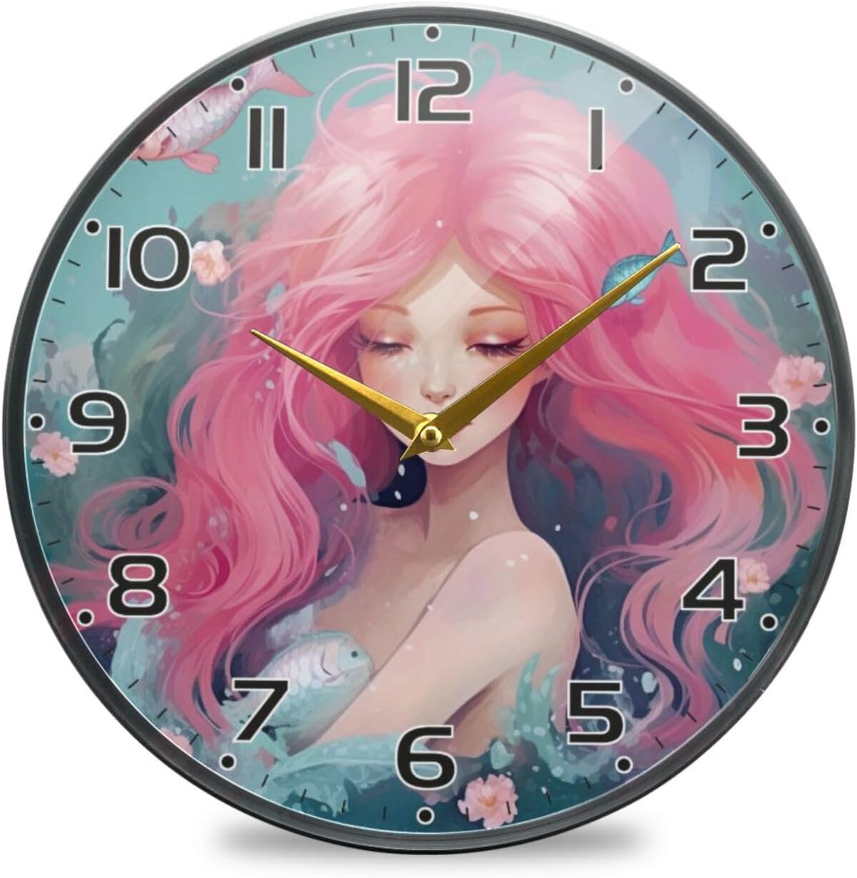 Coolnut Pink Mermaid Girl Wall Clock Round Silent Non Ticking Battery ...