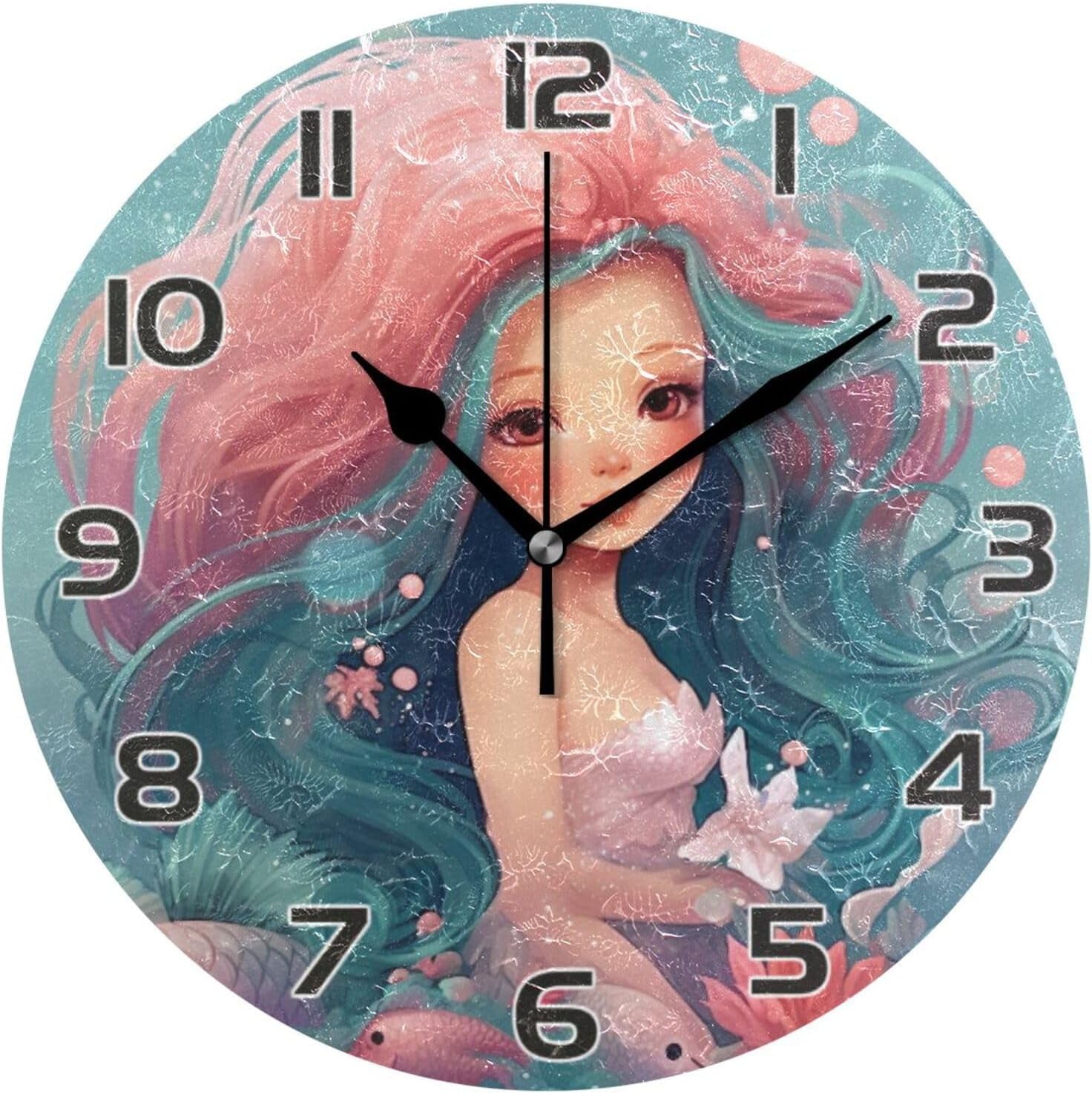 Coolnut Pink Mermaid Girl Wall Clock Round Vintage Silent Non Ticking ...