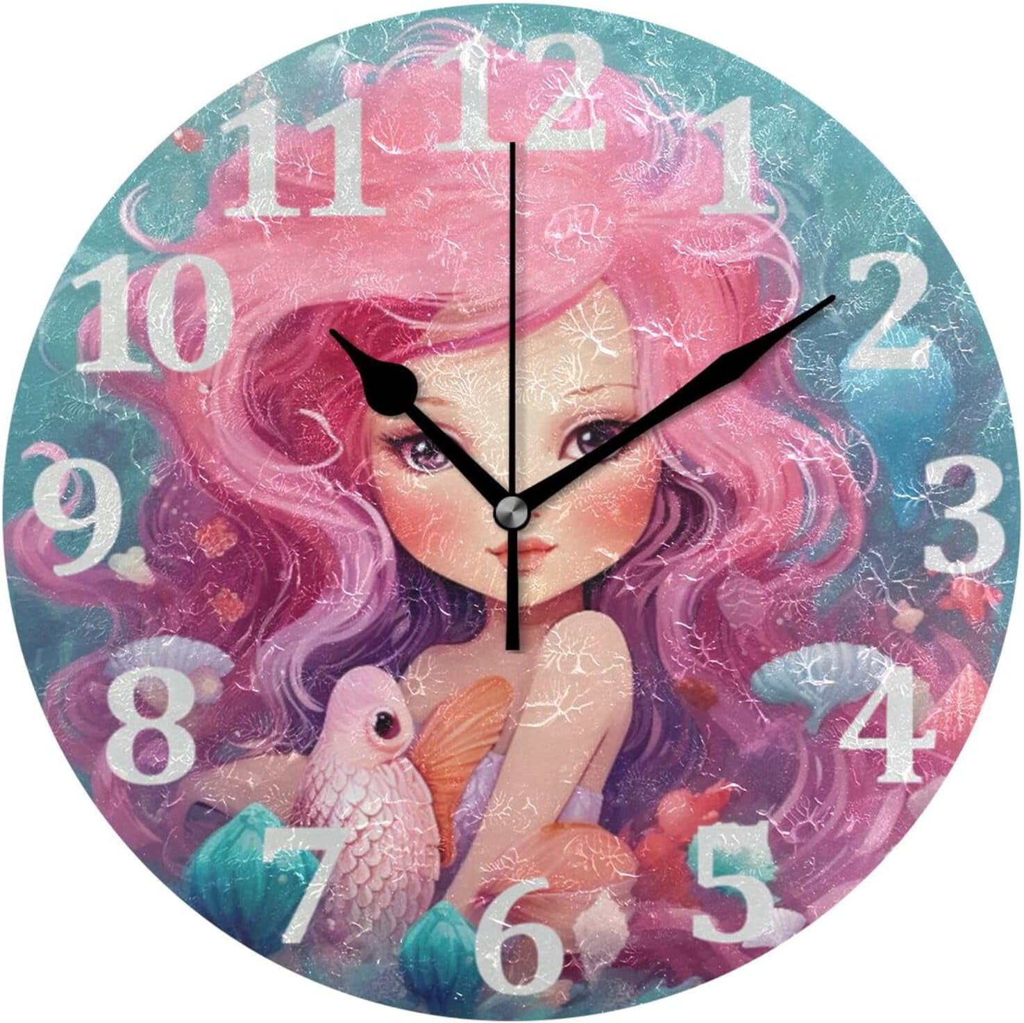 Coolnut Pink Mermaid Girl Wall Clock Round Vintage Silent Non Ticking ...